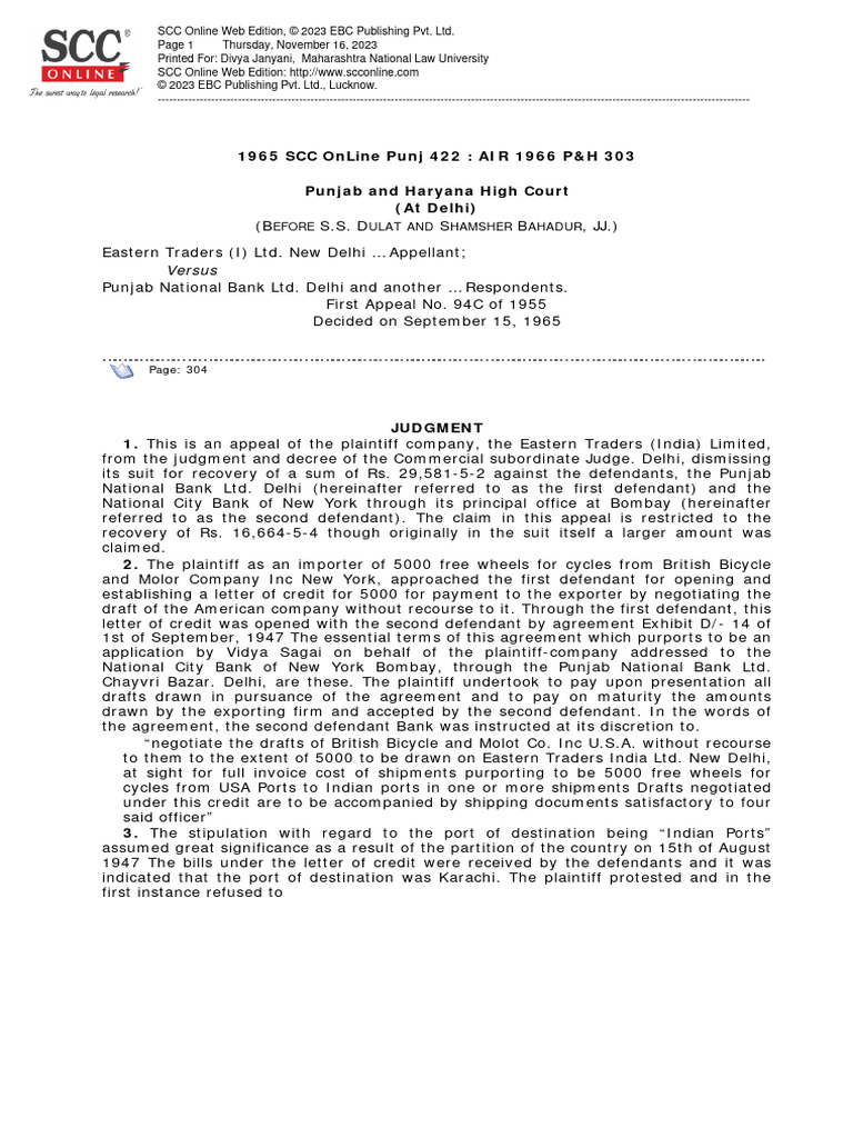 Eastern Traders vs Punjab National Bank Appeal | PDF | Letter Of Credit | Indemnity