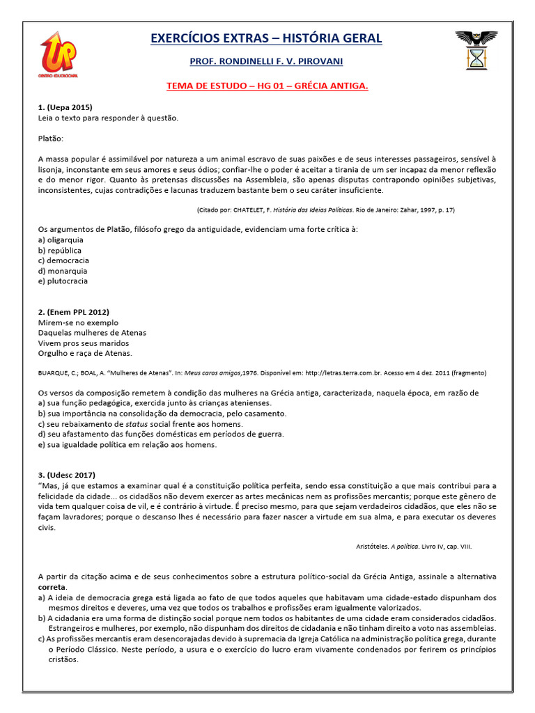 Exercícios Extras - HG 01 - Grécia Antiga - 2023. | PDF | Democracia | Ideologias Políticas