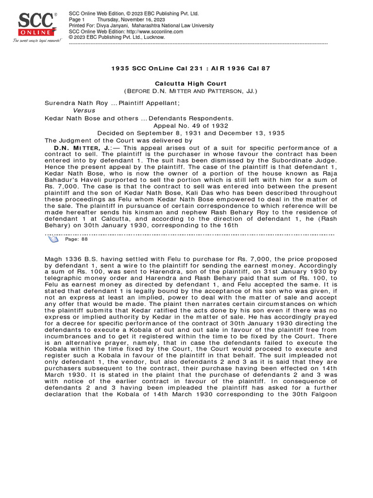 Surendra Nath Roy v. Kedar Nath Bose | PDF | Lawsuit | Judgment (Law) Surendra Nath Roy v. Kedar Nath Bose | PDF | Lawsuit | Judgment (Law)