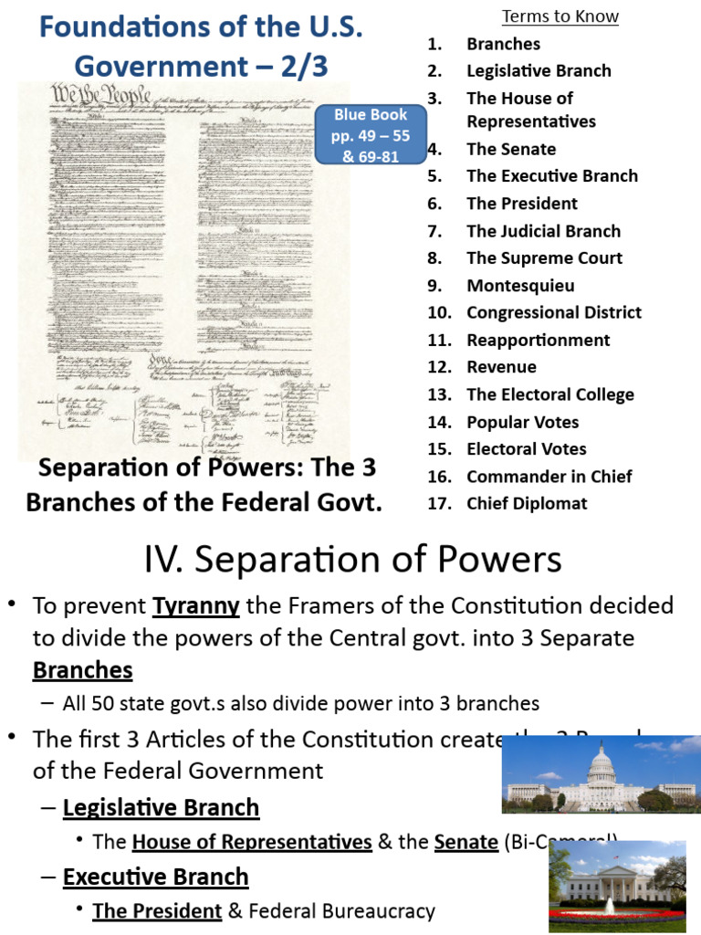 Separation of Powers: The 3 Branches of The Federal Govt.: Blue Book Pp ...