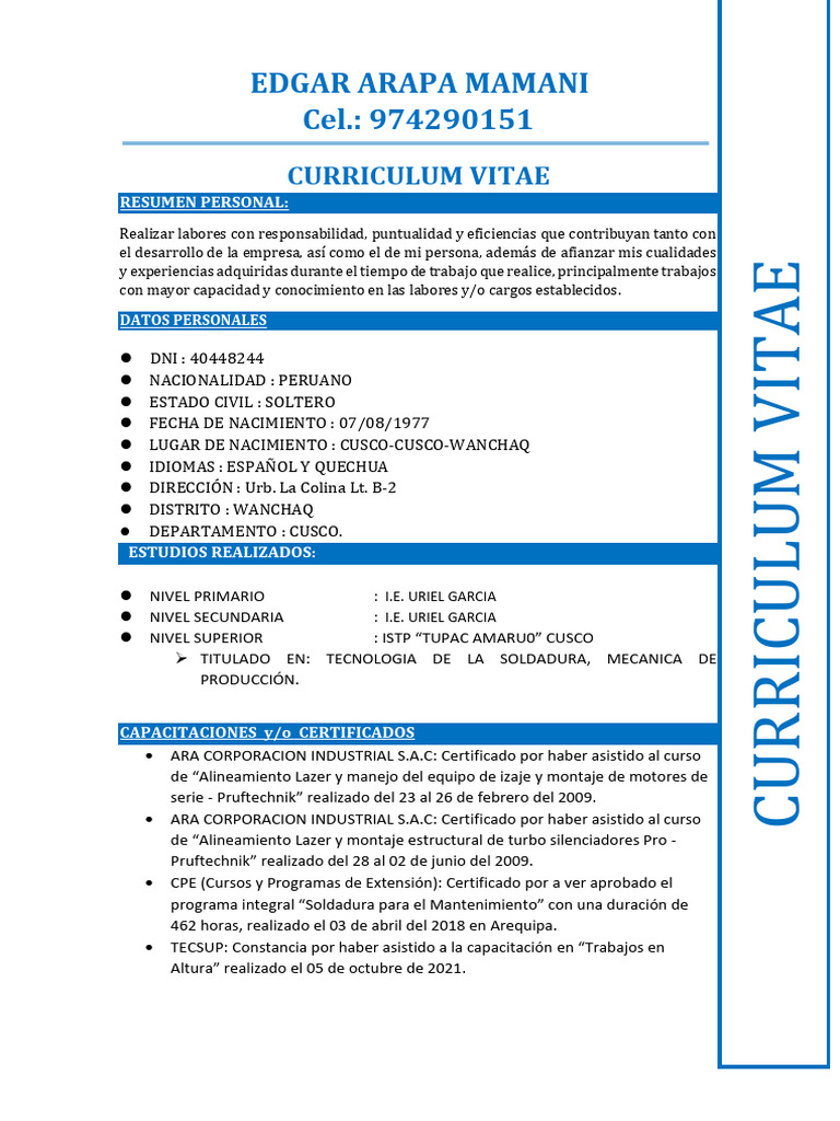 Cv Edgar Completo | PDF | Soldadura | Construcción