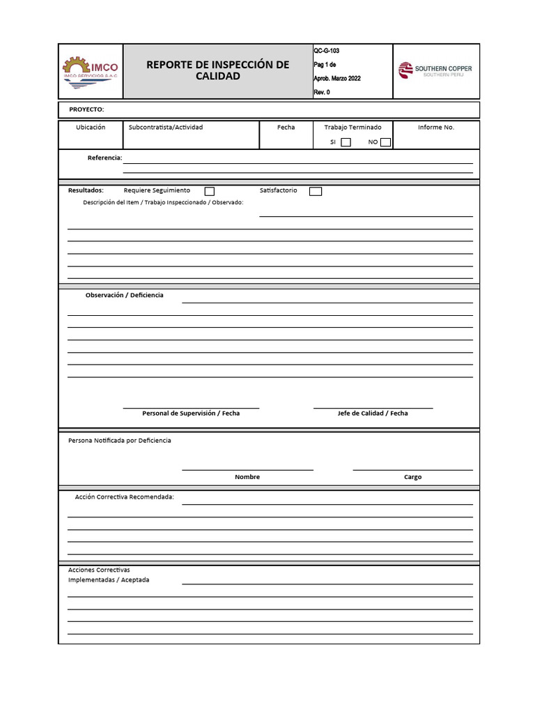 Reporte de Inspección de Calidad | PDF | Finanzas y dinero