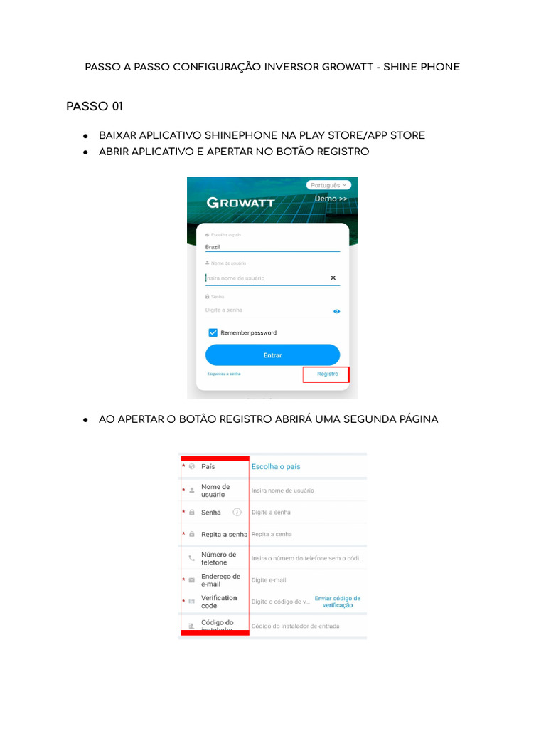 PASSO A PASSO CONFIGURAÇÃO INVERSOR GROWATT - SHINE PHONE | PDF