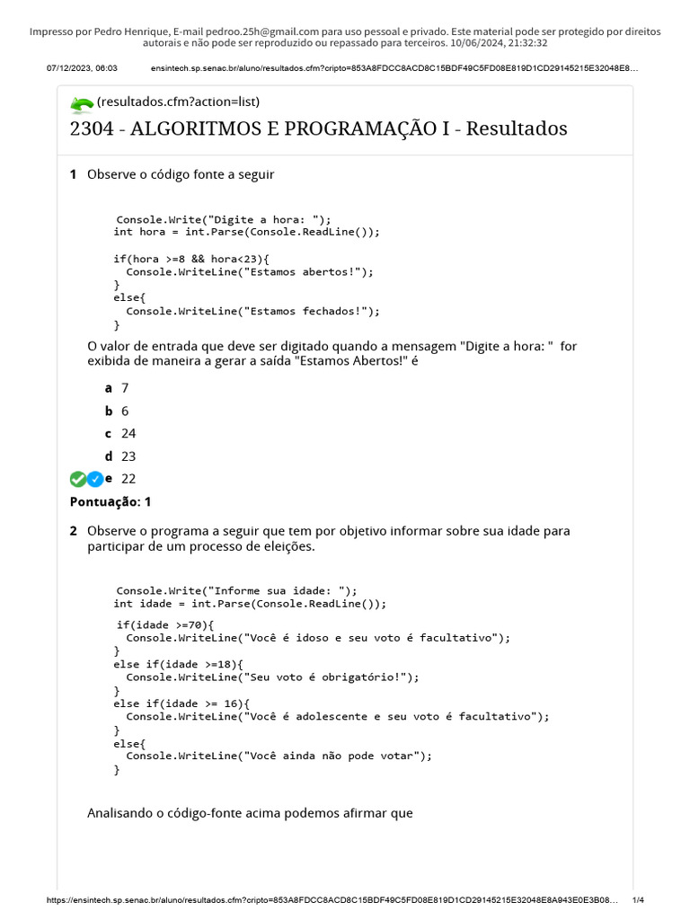 Algoritmos e Programação I 01 | PDF | C (linguagem de programação) | C ...