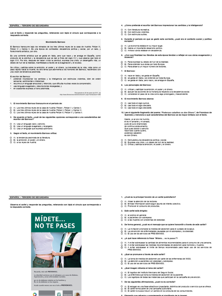 Ejercicios de Lectura Comipems | PDF | Barroco | Agua