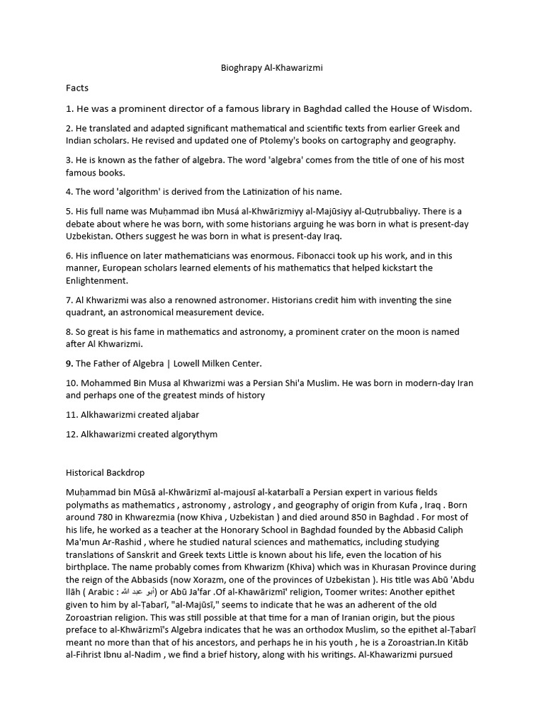 Bioghraphy Al-Khawarizmi | PDF | Algebra | Mathematics