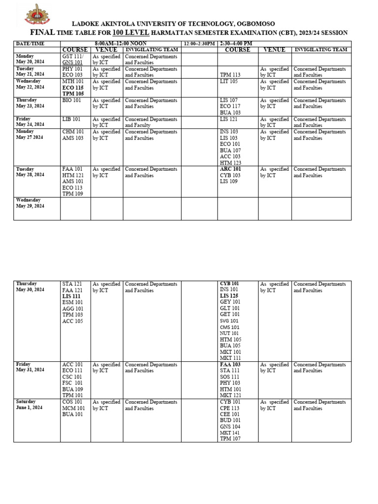 1a. 100 LEVEL FINAL 2023_2024 HARMATTAN SEMESTER EXAM TIME TABLE (CBT ...