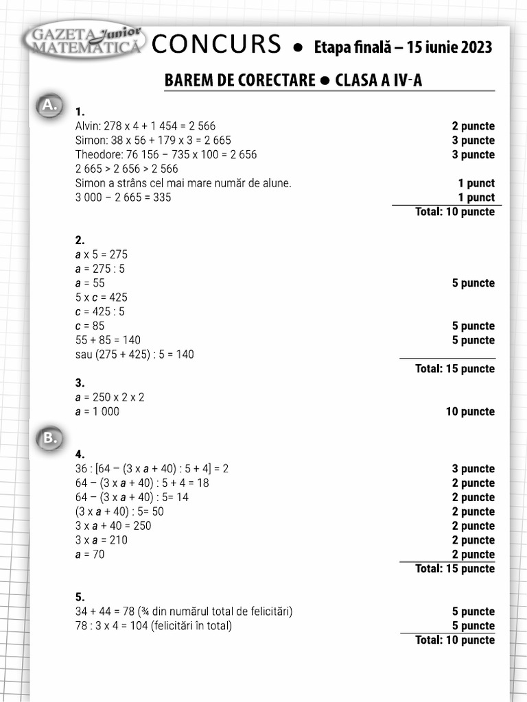 Barem Concurs GMJ Iunie 2023 Clasa Iv | PDF