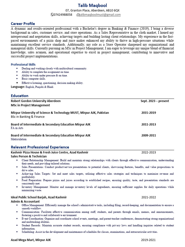 CV Talib Maqbool Reviewed | PDF | Inventory | Project Management