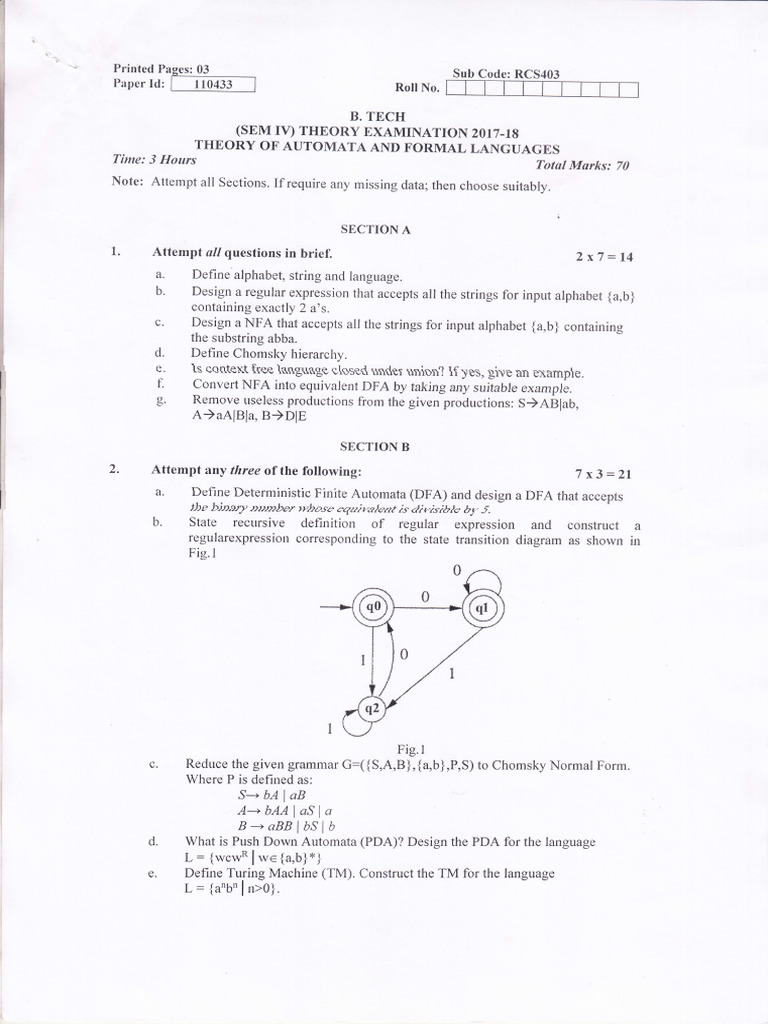 Theory of Automata and Formal Languages Rsc-403 | PDF | Automata Theory | Models Of Computation