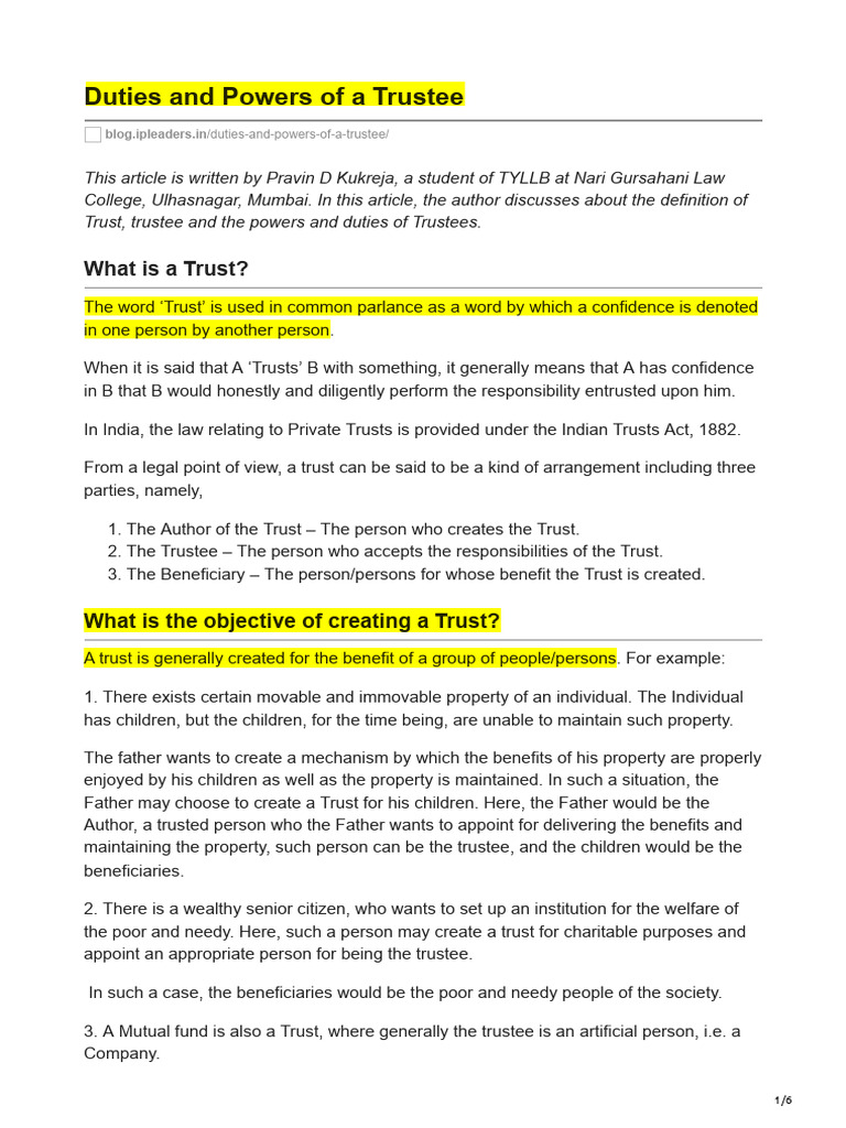 Blog - Ipleaders.in-Duties and Powers of A Trustee | PDF | Trustee | Indemnity