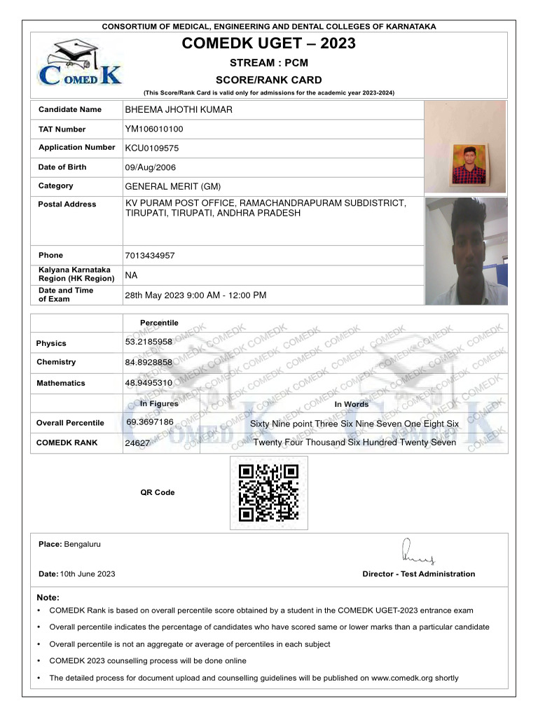 Comedk Uget - 2023: Stream: PCM Score/Rank Card | PDF | Qualifications