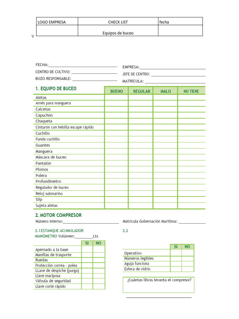 Checklist Equipos de Buceo | Descargar gratis PDF | Buceo bajo el agua