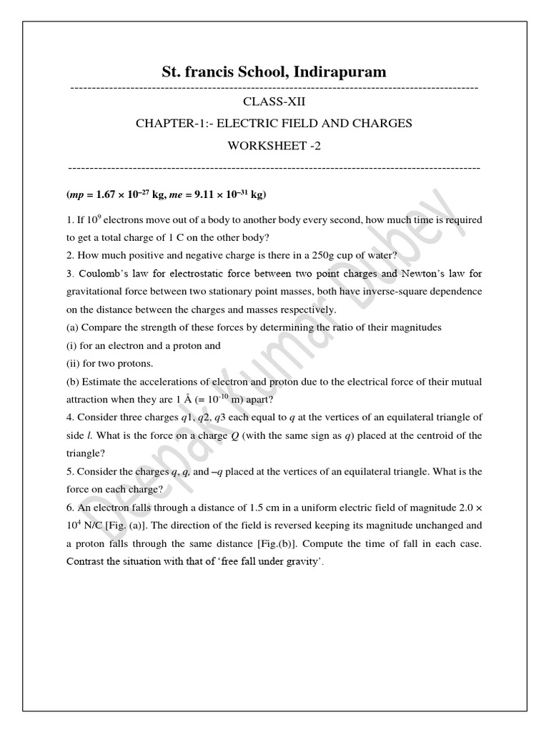 Worksheet 2 Electric Charges and Field (Numerical and Conceptual) | PDF ...