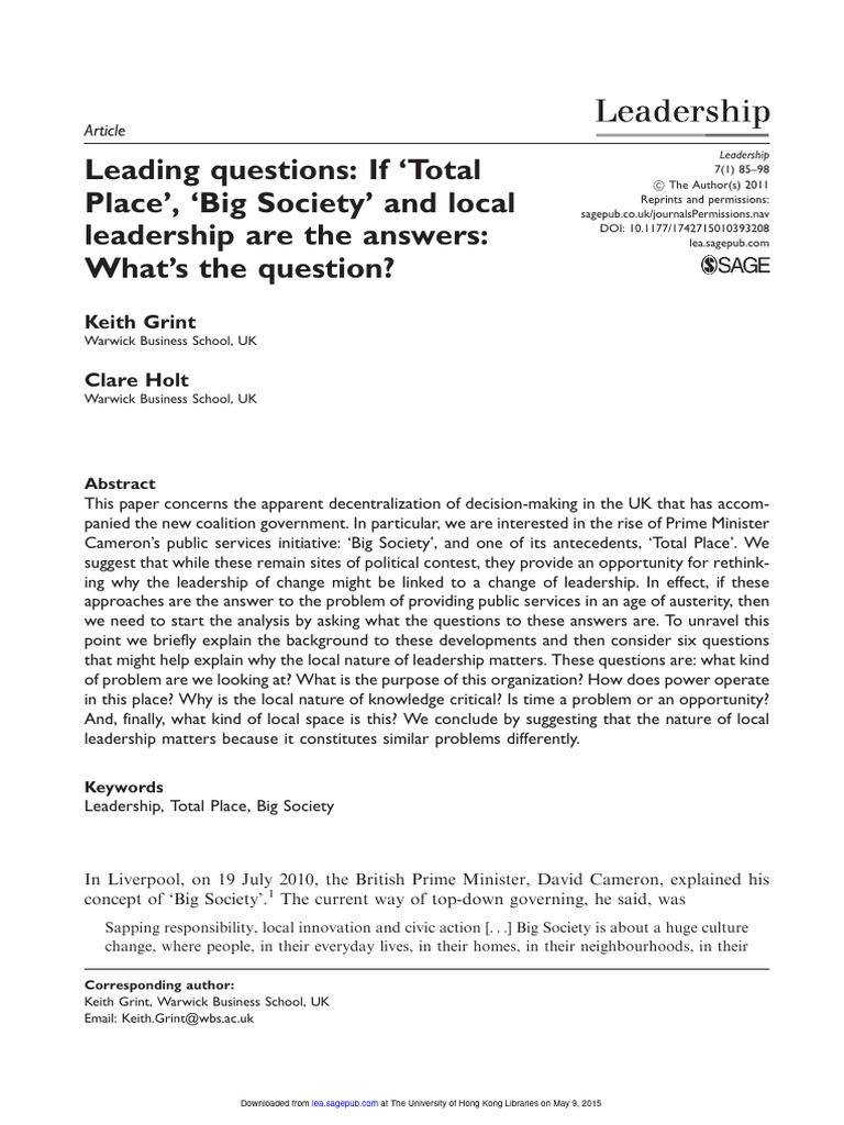 Leading Questions Grint2011 | PDF | Social Capital | Leadership
