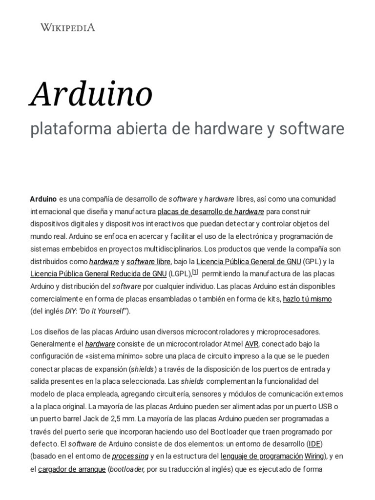 Arduino - Wikipedia, La Enciclopedia Libre | PDF | Arduino | Informática