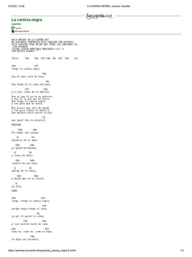 LA CAMISA NEGRA, Juanes_ Acordes | PDF