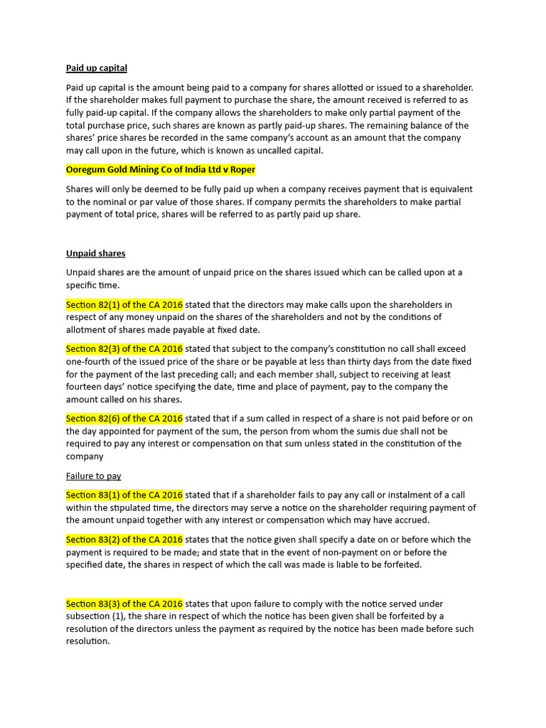 Company Law Topic 4 Tutorial | PDF | Capital Surplus | Value (Economics)