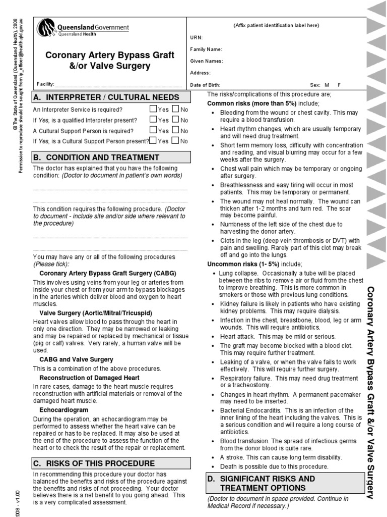 CABG or Valve Surgery Consent | PDF | Heart Valve | Heart