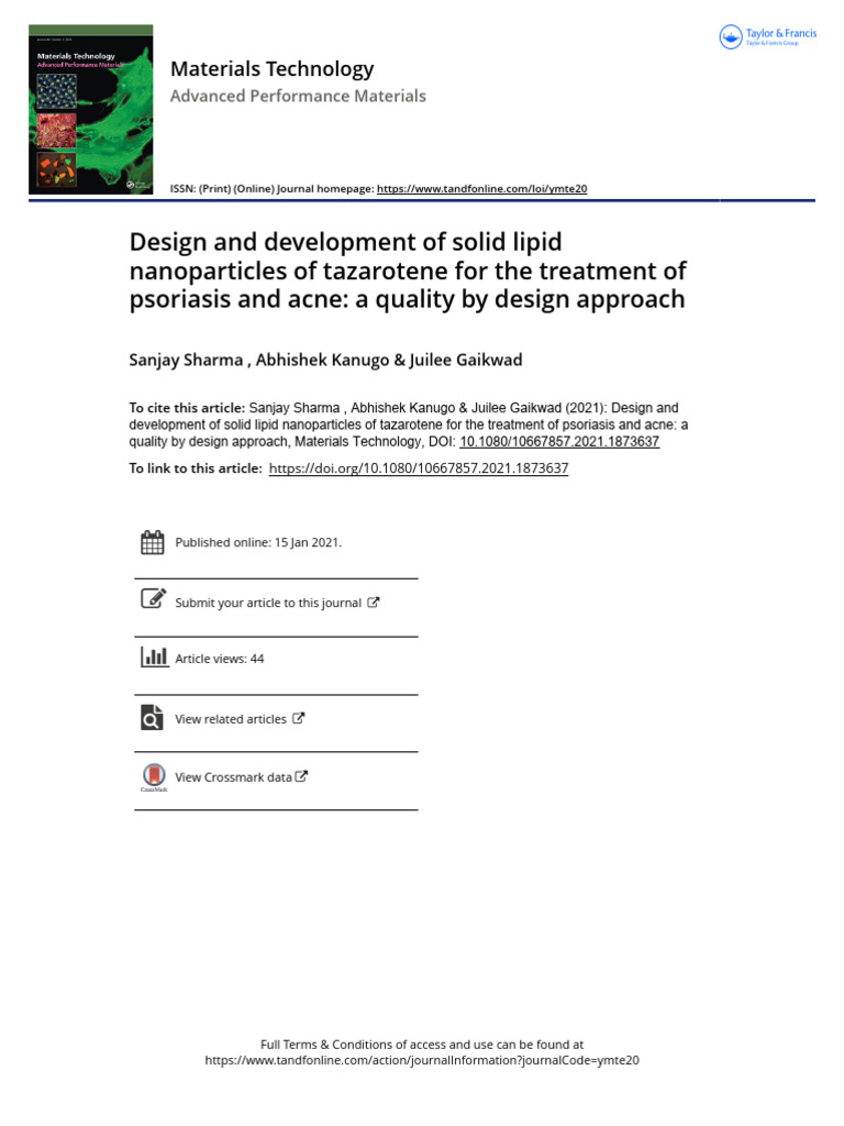 Paper Design And Development Of Solid Lipid Nanoparticles Of Tazarotene For The Treatment Of