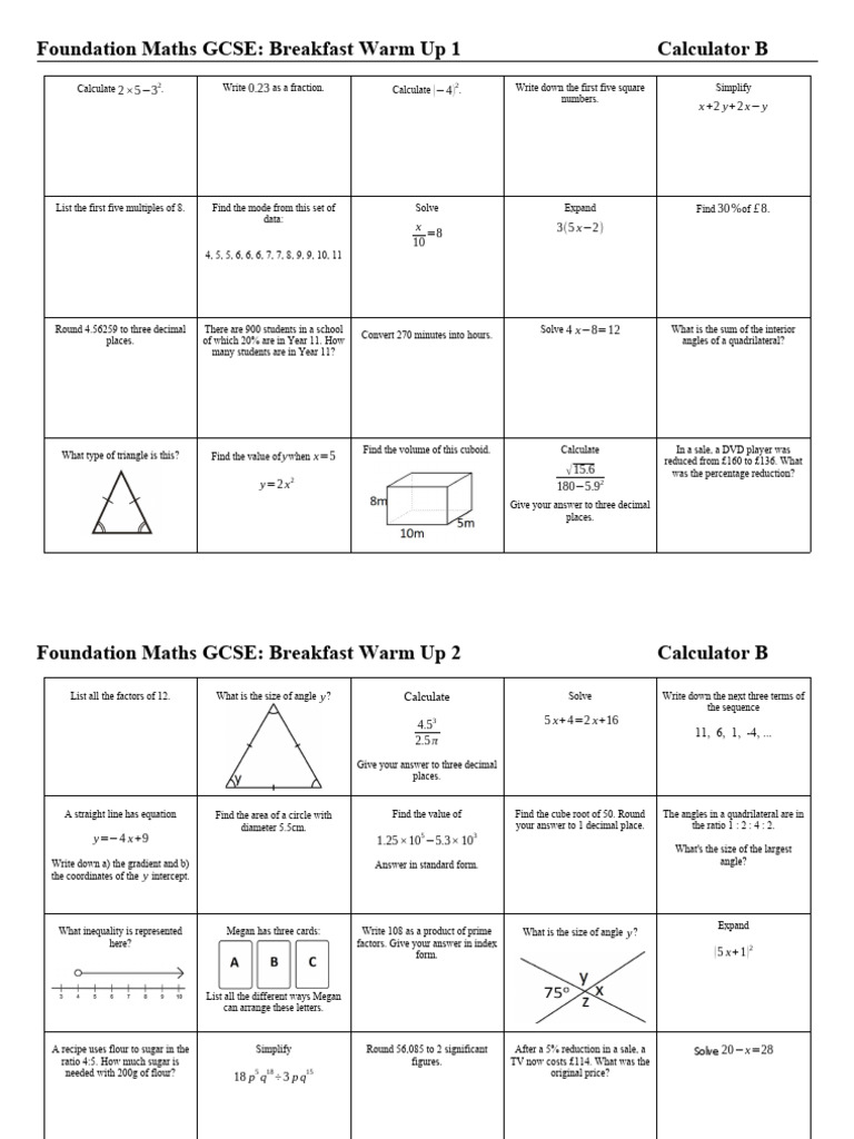 GCSE Maths Breakfast Warm Up Exercises | PDF | Area | Triangle