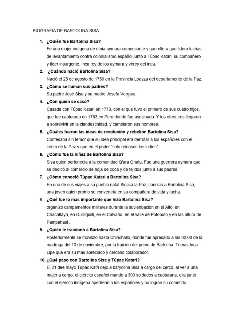Bartolina Sisa: Líder Indígena Aymara | PDF