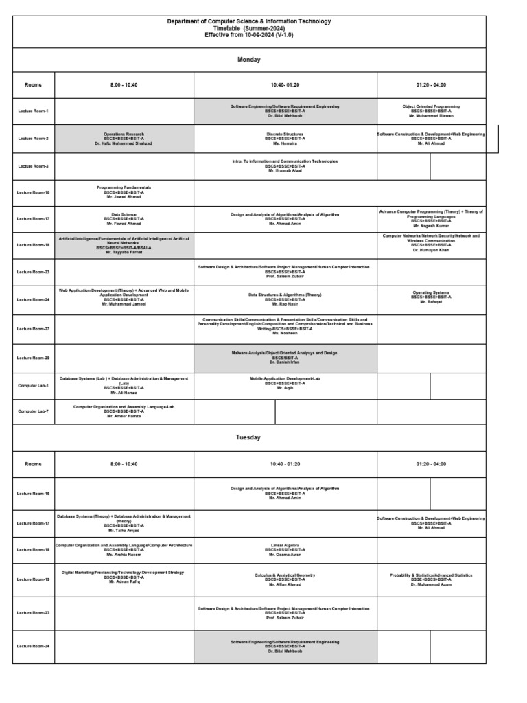 Time Table Summer-2024 (Version 1.1) | PDF | Computer Programming ...