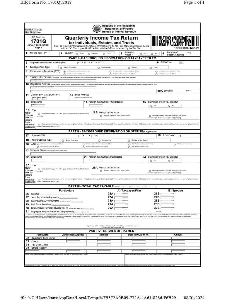 Bir Form No. 1701qv2018-1st | PDF | Tax Deduction | Taxes