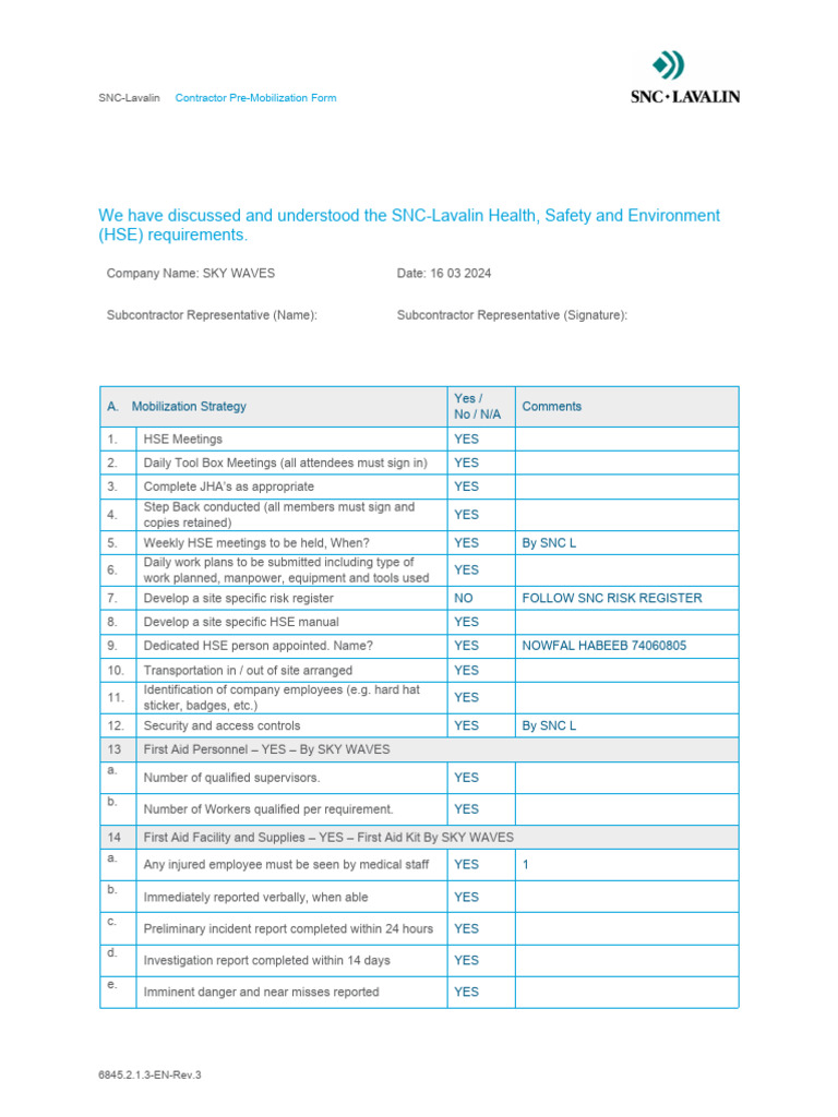 SNC - SW Contractor Pre-Mobilization Form | PDF | Vehicles | First Aid