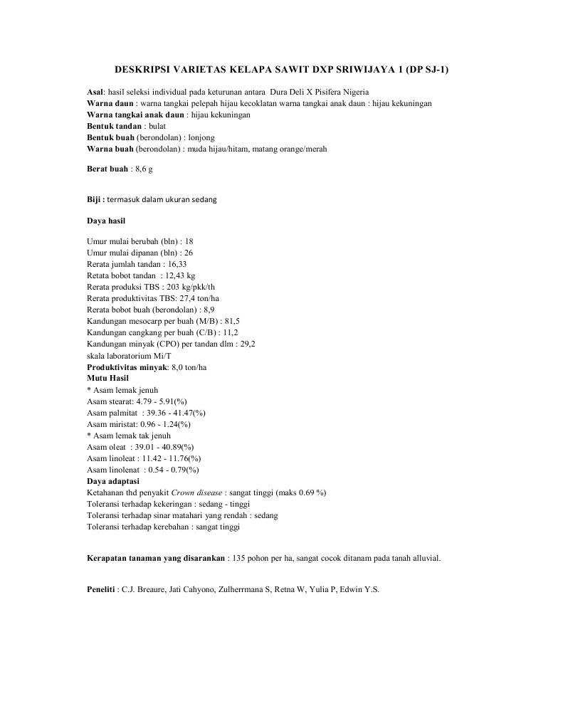 Deskripsi Varietas Kelapa Sawit DXP Sriwijaya 1 | PDF