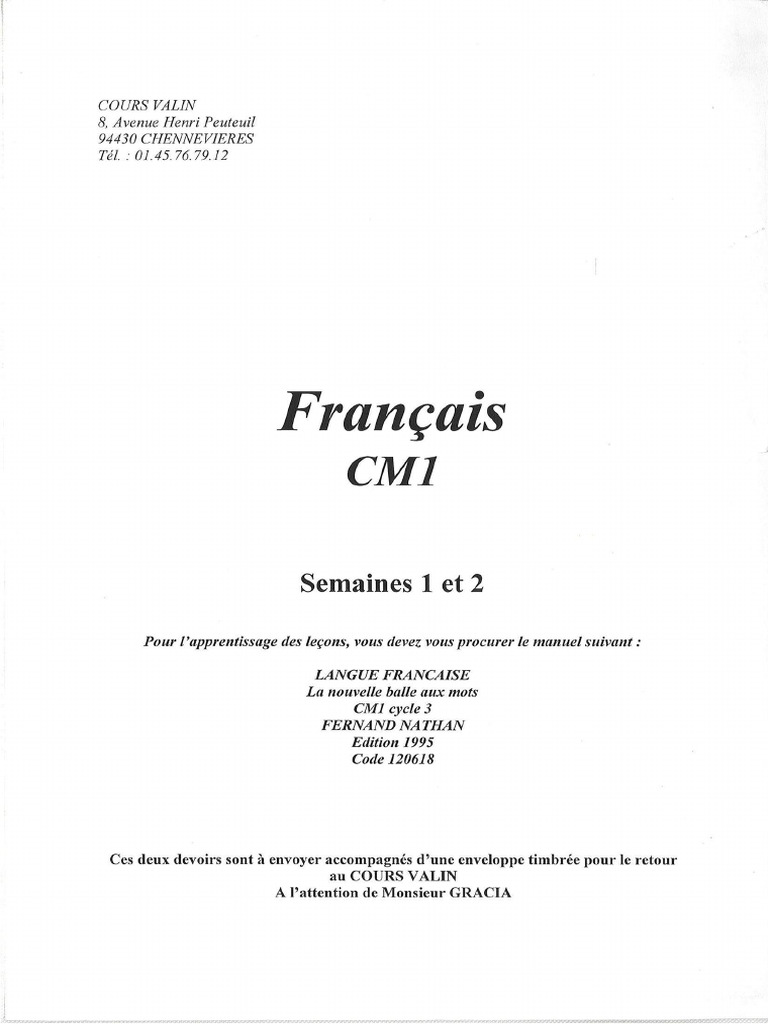 Cm1 F Semaine 1 Et 2 Francais | PDF