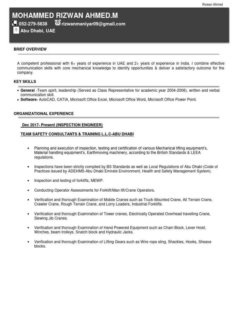Rizwan CV | PDF | Crane (Machine) | Engineering