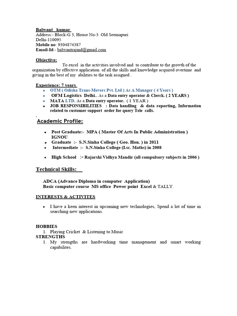 Balwant Kumar Resume - 1 | PDF