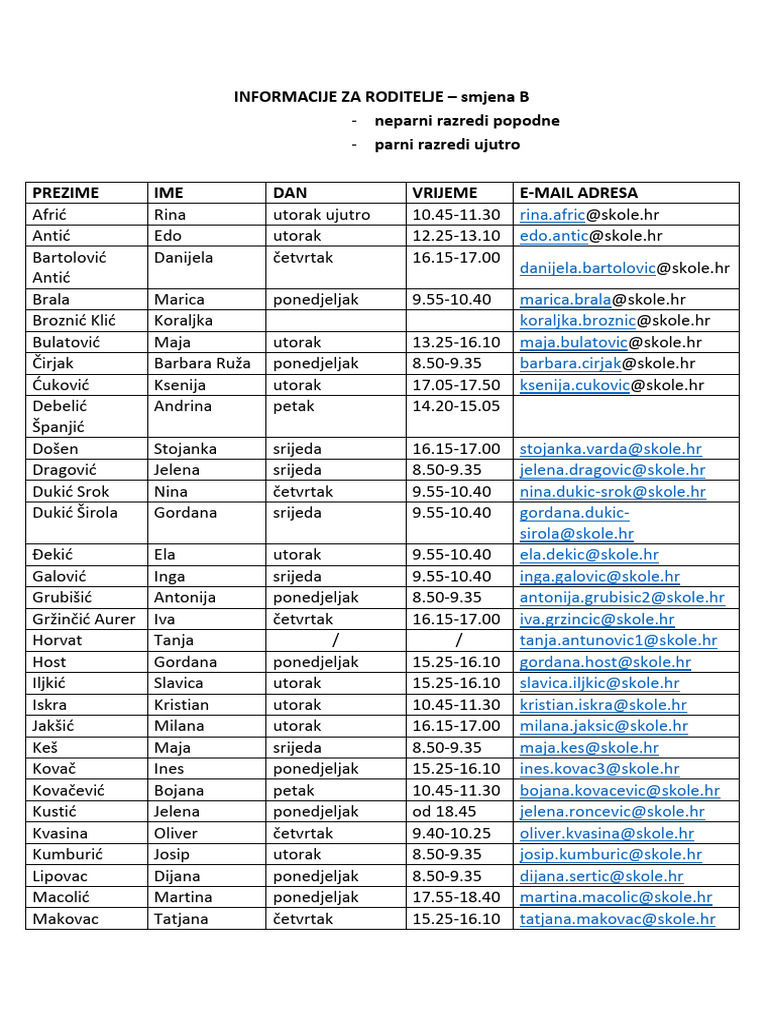 Informacije Za Roditelje SK - God. 2023-2024 | PDF
