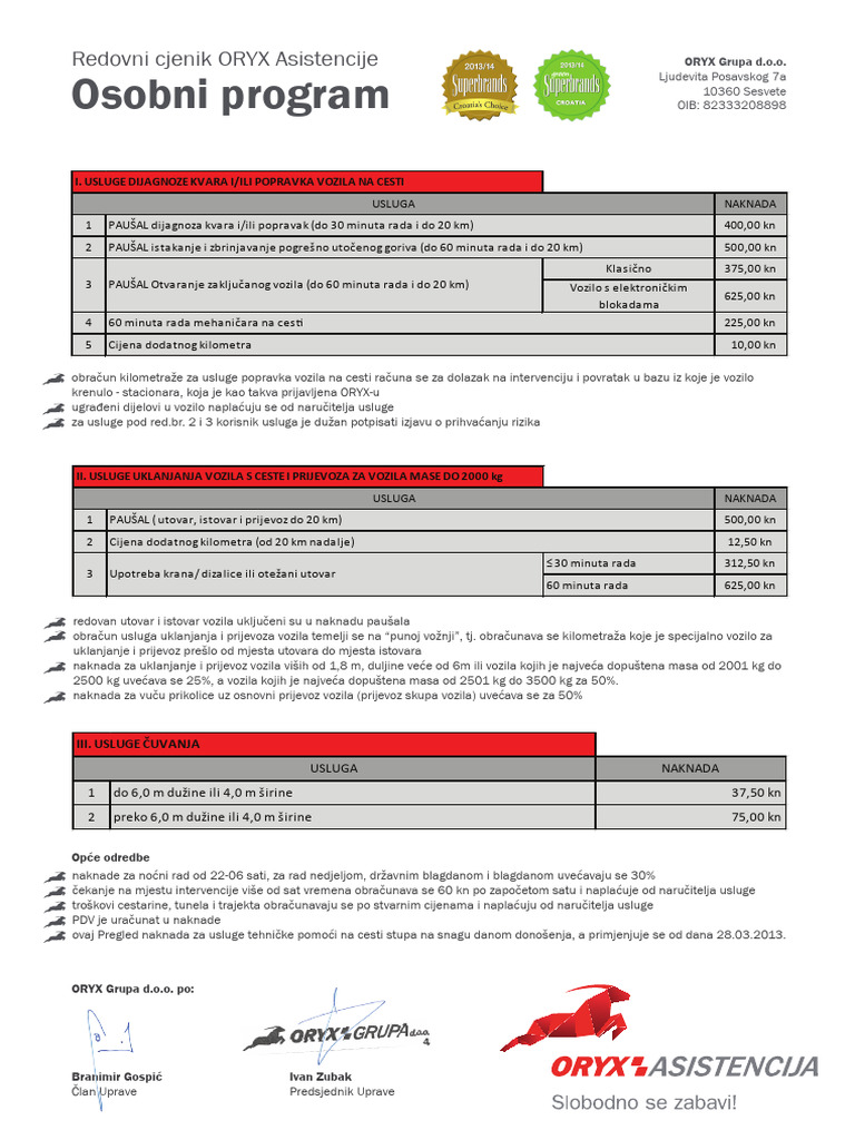 Cjenik Vucne Sluzbe Za Privatna Vozila | PDF