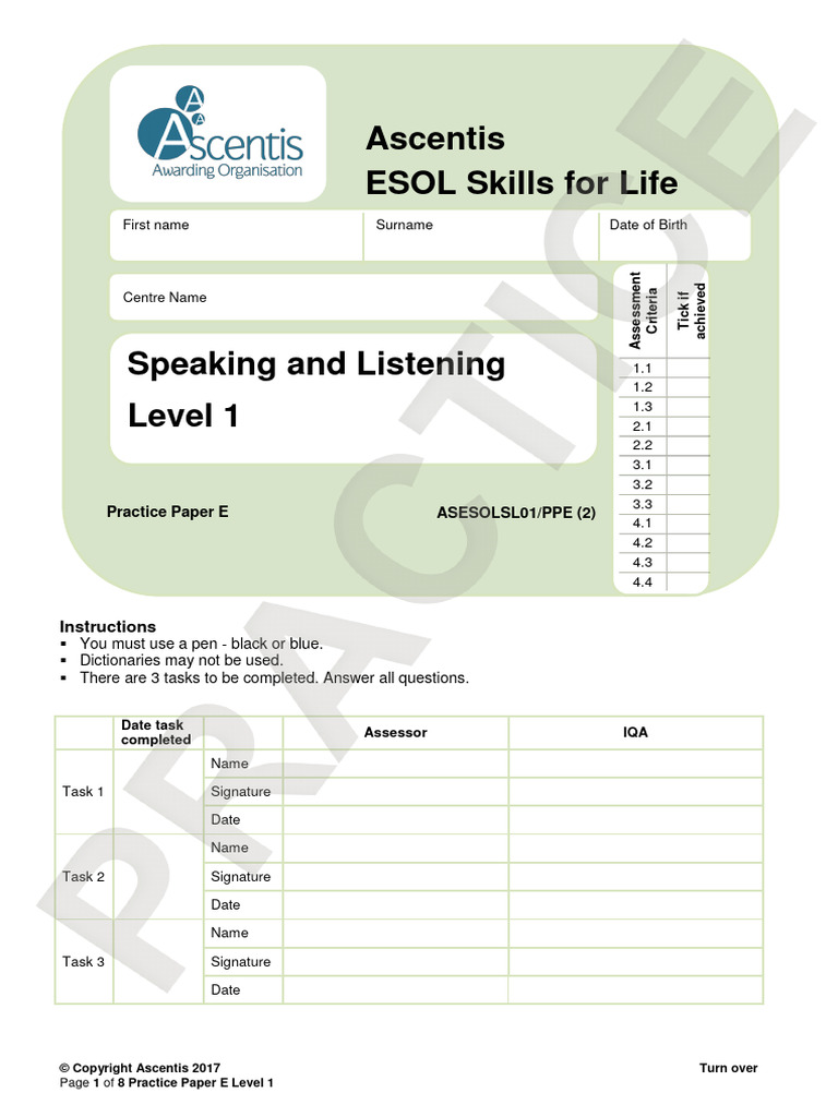 L1 ESOL Speaking & Listening Candidate Paper PPE | PDF | English As A ...