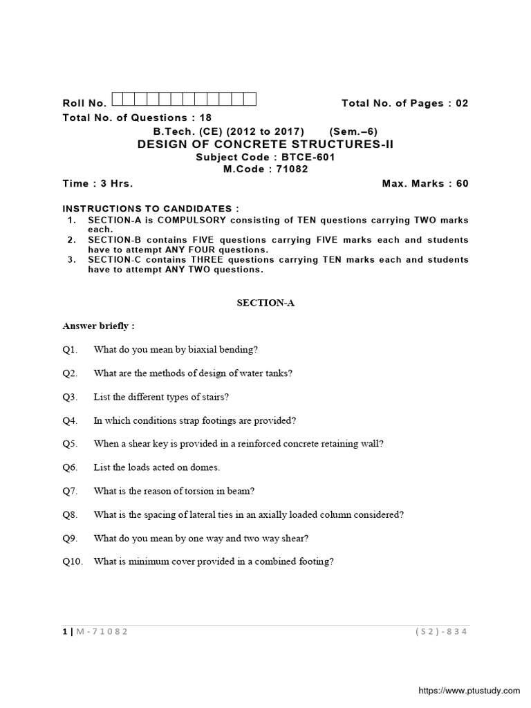 Btech Ce 6 Sem Design of Concrete Structures 2 71082 Dec 2020 | Download Free PDF | Beam ...