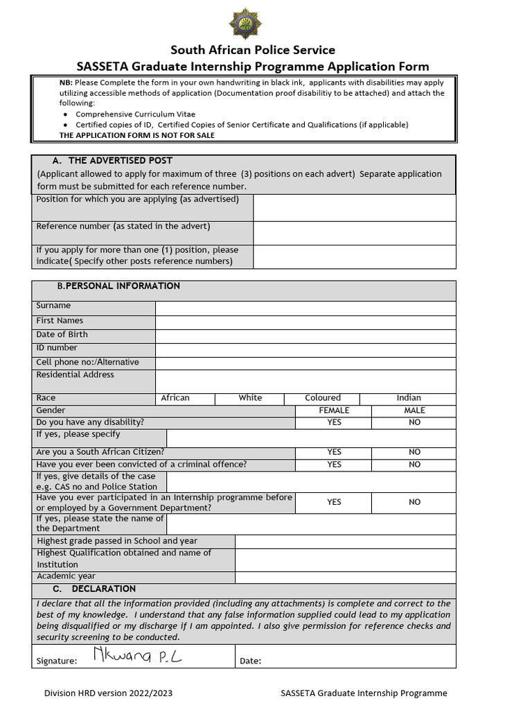 SASSETA INTERNSHIP Application Form202223 | PDF