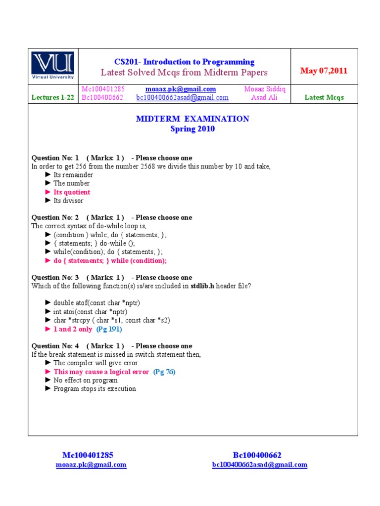 Cs201 Midterm Solved Mcqs With References By Moaaz And Asad Pdf C Programming Language 