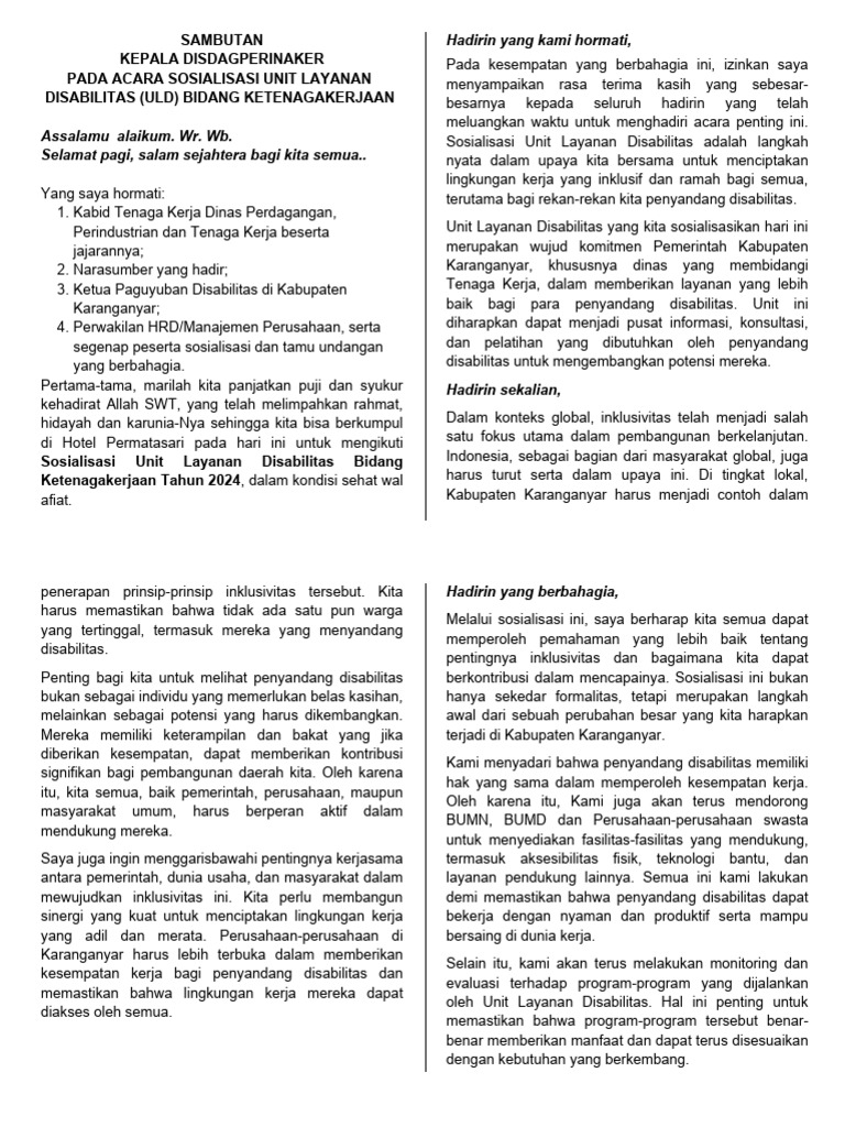 Sambutan Kadis Sosialisasi Uld 2024 | PDF | Bisnis | Ilmu Sosial