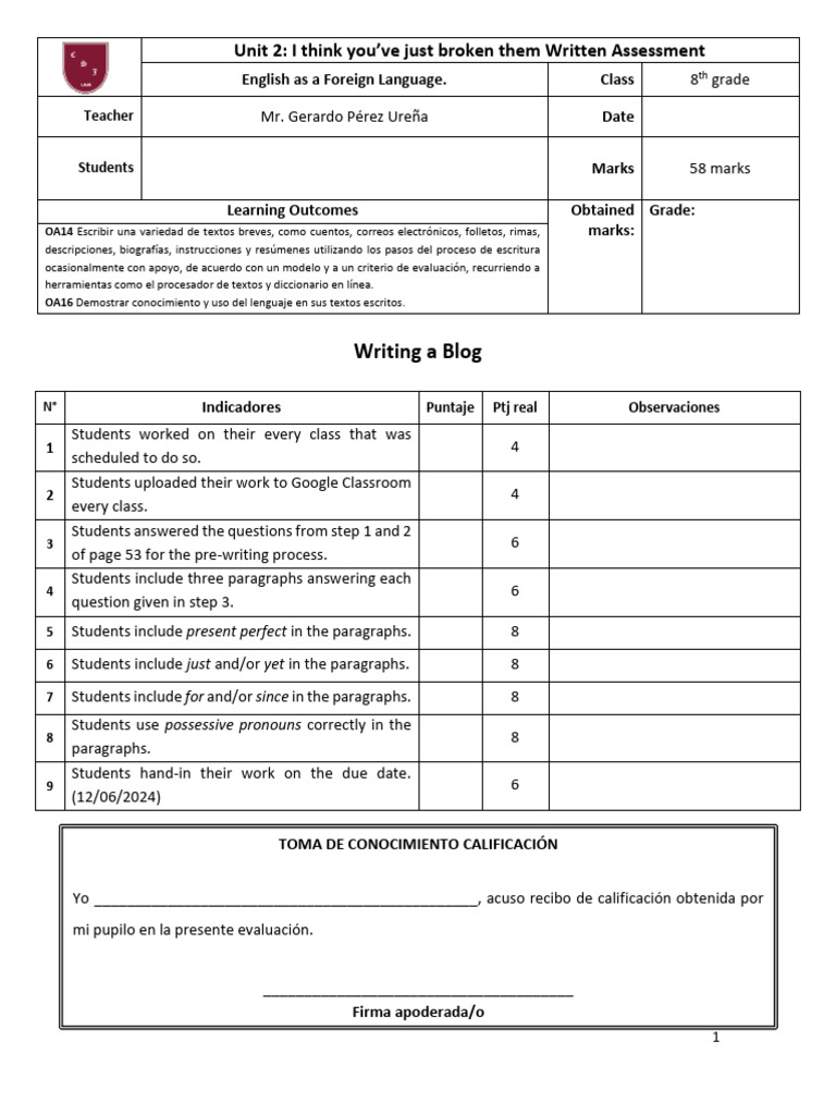 Unit 2 Writing A Blog 8 Básico | PDF