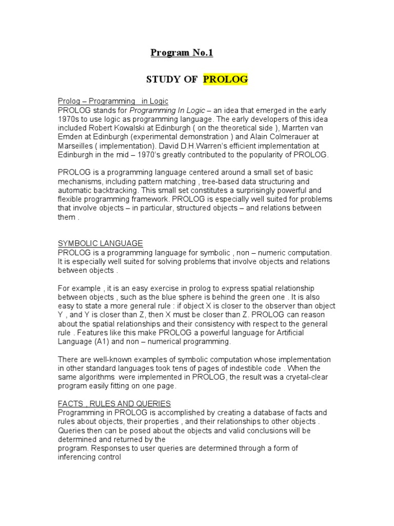 Program No.1 Study of Prolog | PDF | Areas Of Computer Science ...