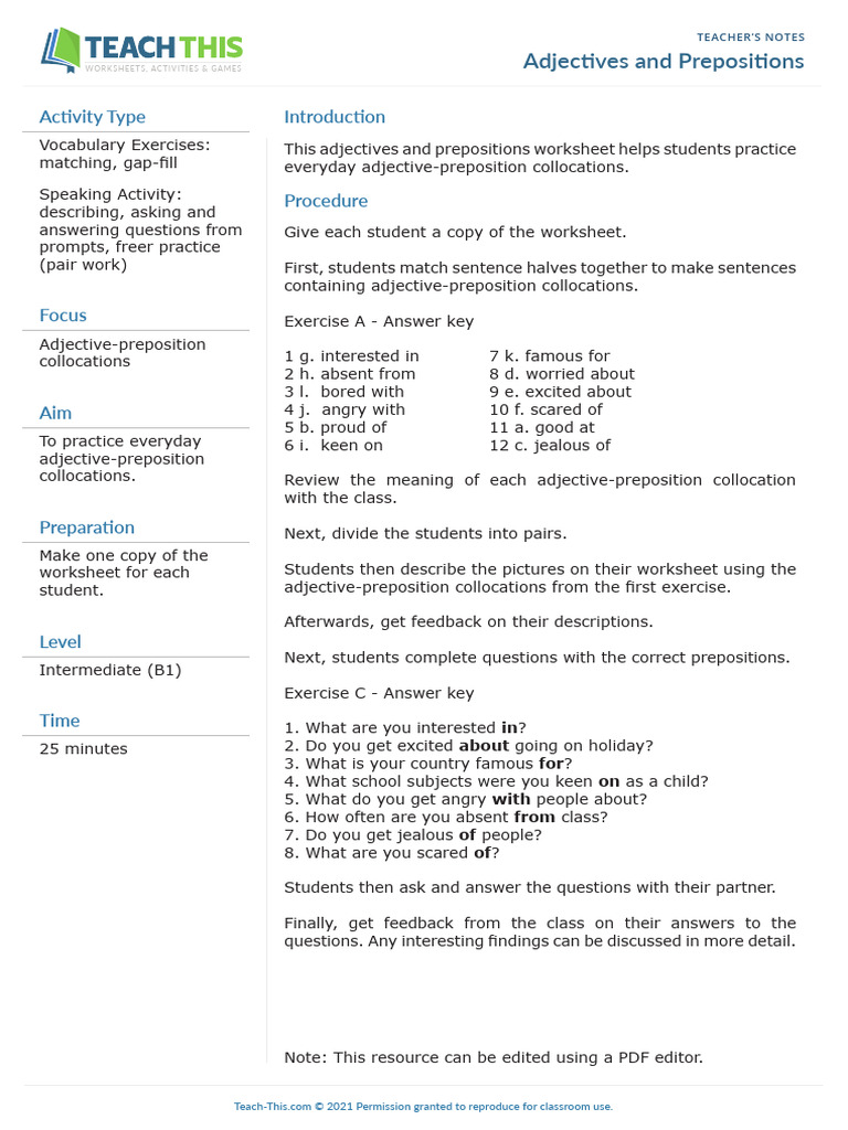 Adjective-Preposition Practice | PDF | Language Arts & Discipline