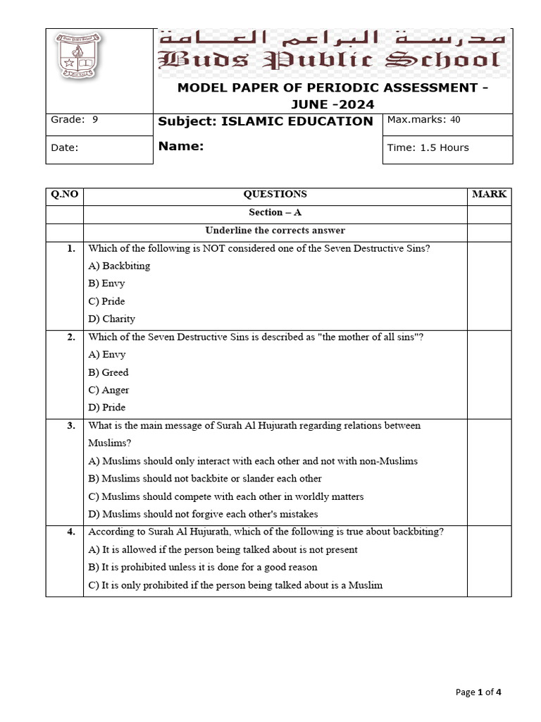 Model Paper - G9 - FA1 - 2024 | PDF | Quran | Islam