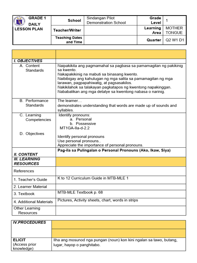 DAILY LESSON PLAN IN MTB-MLE Q2 W1 D1 (AutoRecovered) | PDF