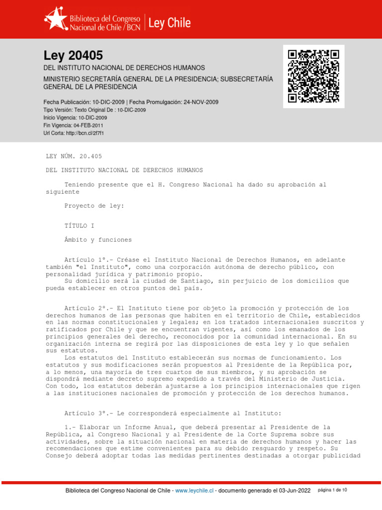 Ley 20405 INDH | PDF | Derechos humanos | Legislador