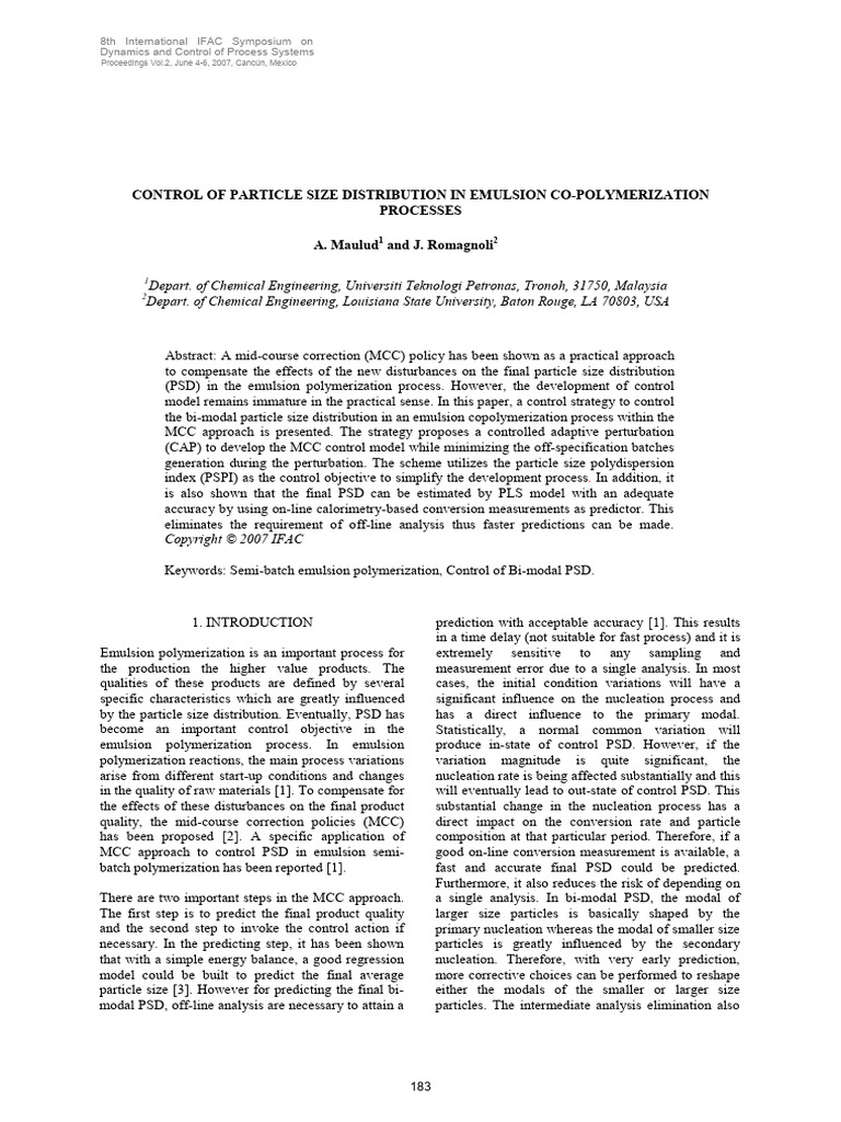 A. - 2007 - Control of Particle Size Distribution in Emulsion Co-Polymerization Processes | PDF ...