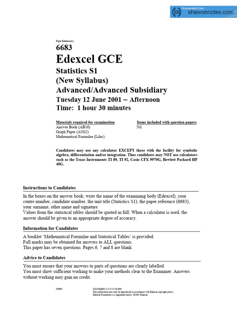 June 2001 QP - S1 Edexcel | PDF | Statistical Theory | Mathematics