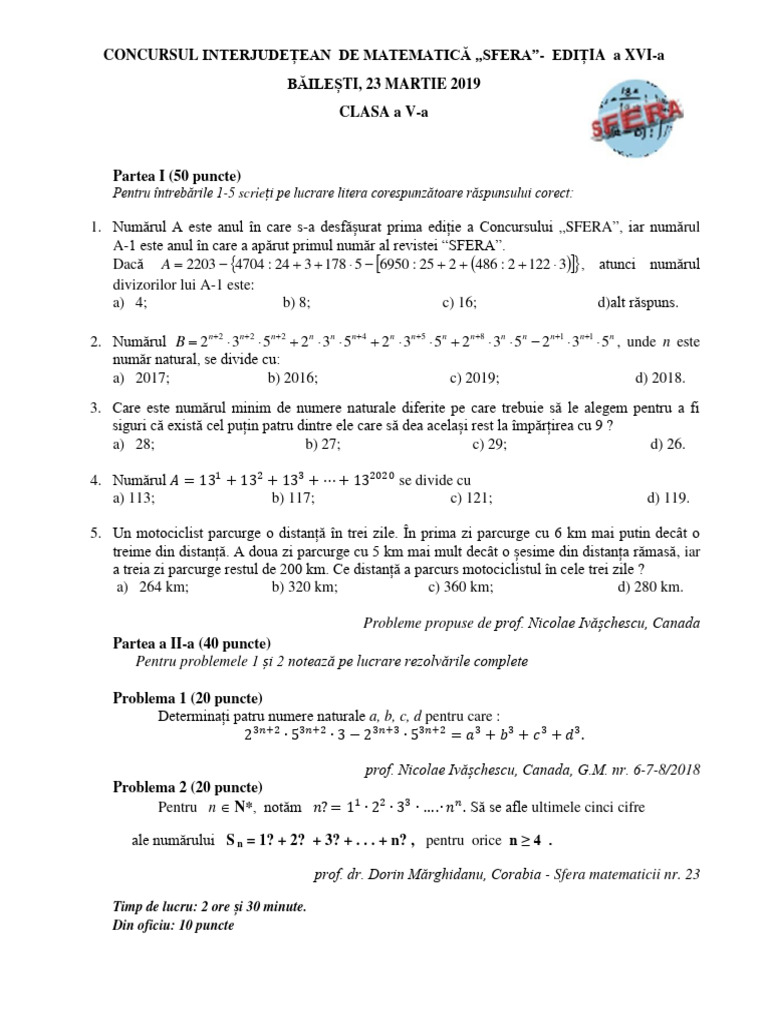 Mate - Info.Ro.4572 SUBIECTE SI BAREM - CONCURSUL SFERA" - 2019 - CLASA A V-A | PDF