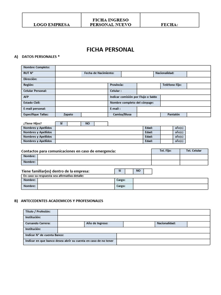 Ficha de Registro de Ingreso Personal Nuevo, Registro Salud, Contactos ...